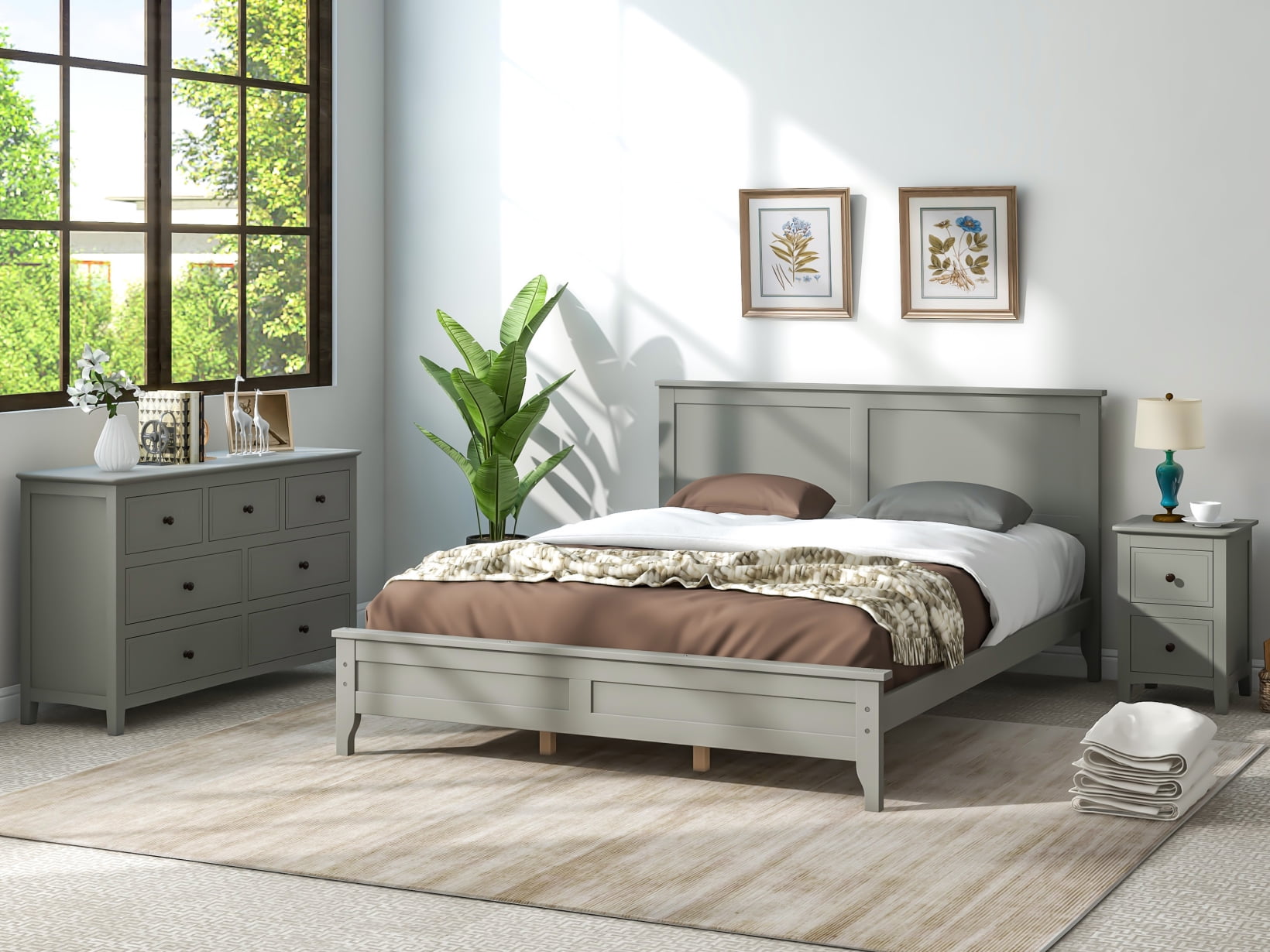 3 Piece Bedroom Furniture Set, Solid Wood Bedroom Set with Queen Size ...