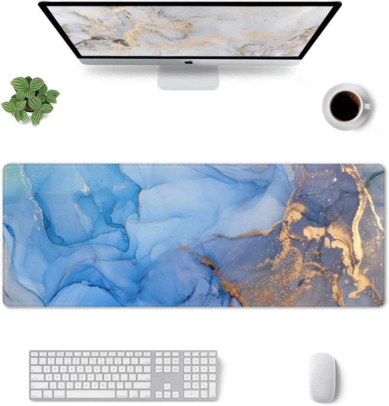 Extended Blue Gold Marble Gaming Mouse Pad XXL with Stitched Edges ...