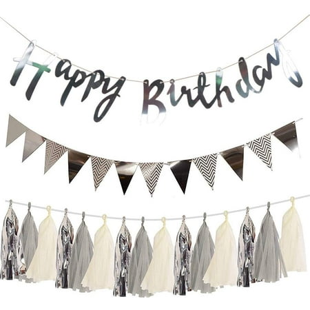 Silver Happy Birthday Decorations Banner and Paper Pennant Banner ...
