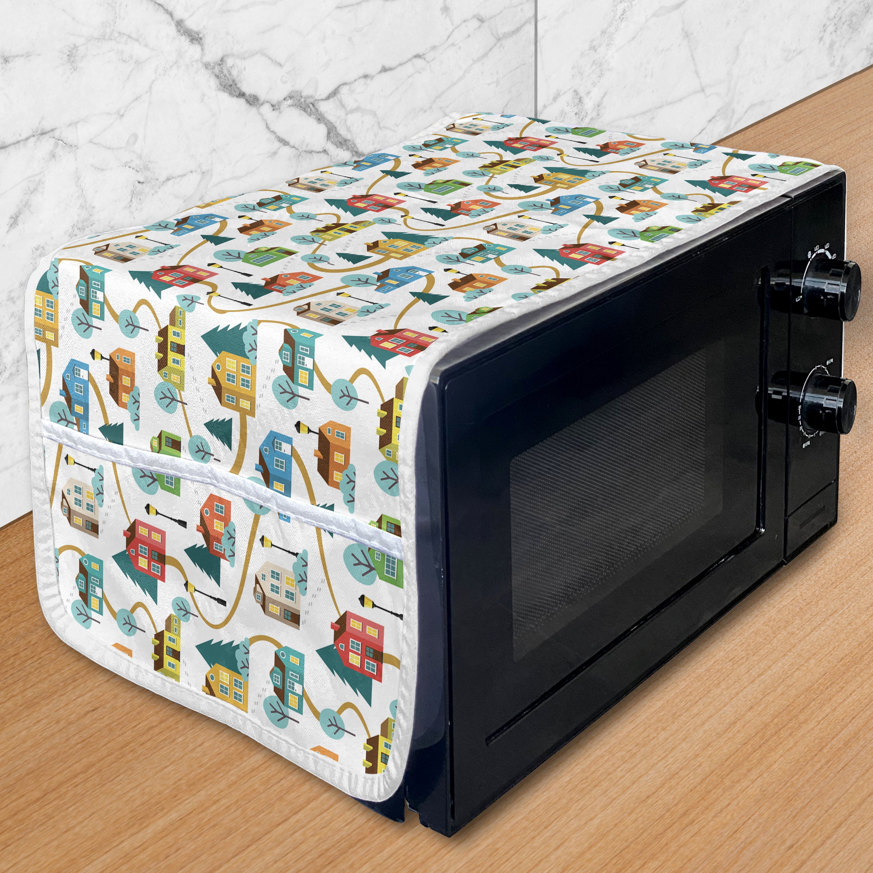 Village Microwave Oven Cover, Little Town Plan with Apartments by the ...
