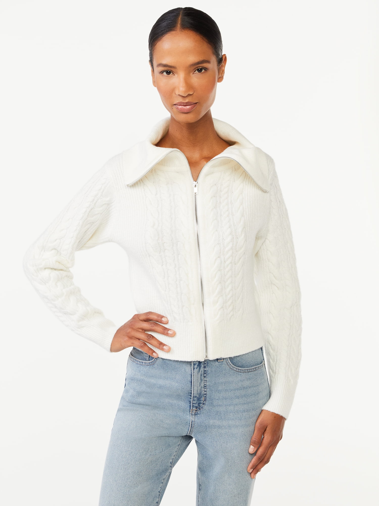 Scoop Women's Zip Front Cable Knit Sweater - Walmart.com