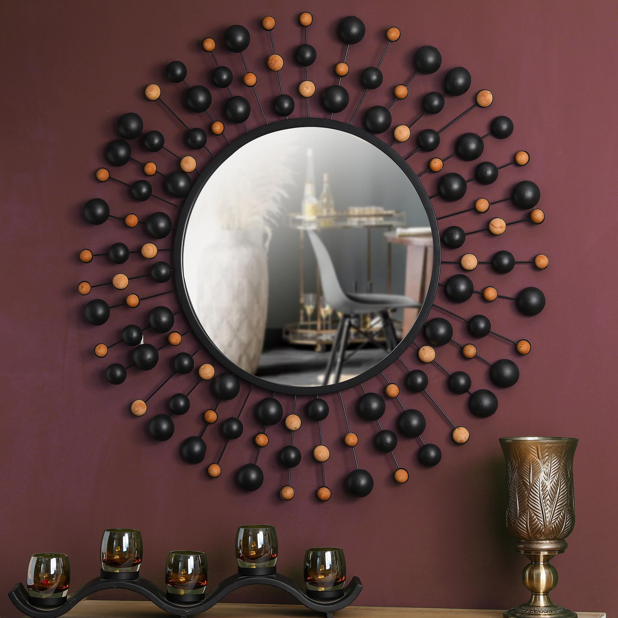Glitzhome 34.65"D Oversized Metal/Glass With Beads Round Wall Mirror ...