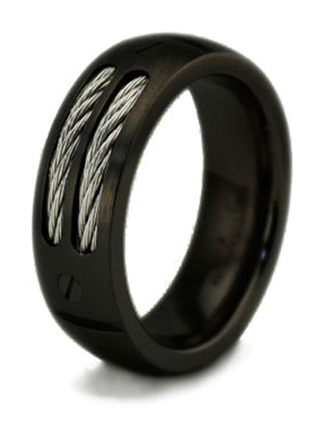 Black Titanium Screw Accent Dual Cable Inlay Wedding Band Ring ...
