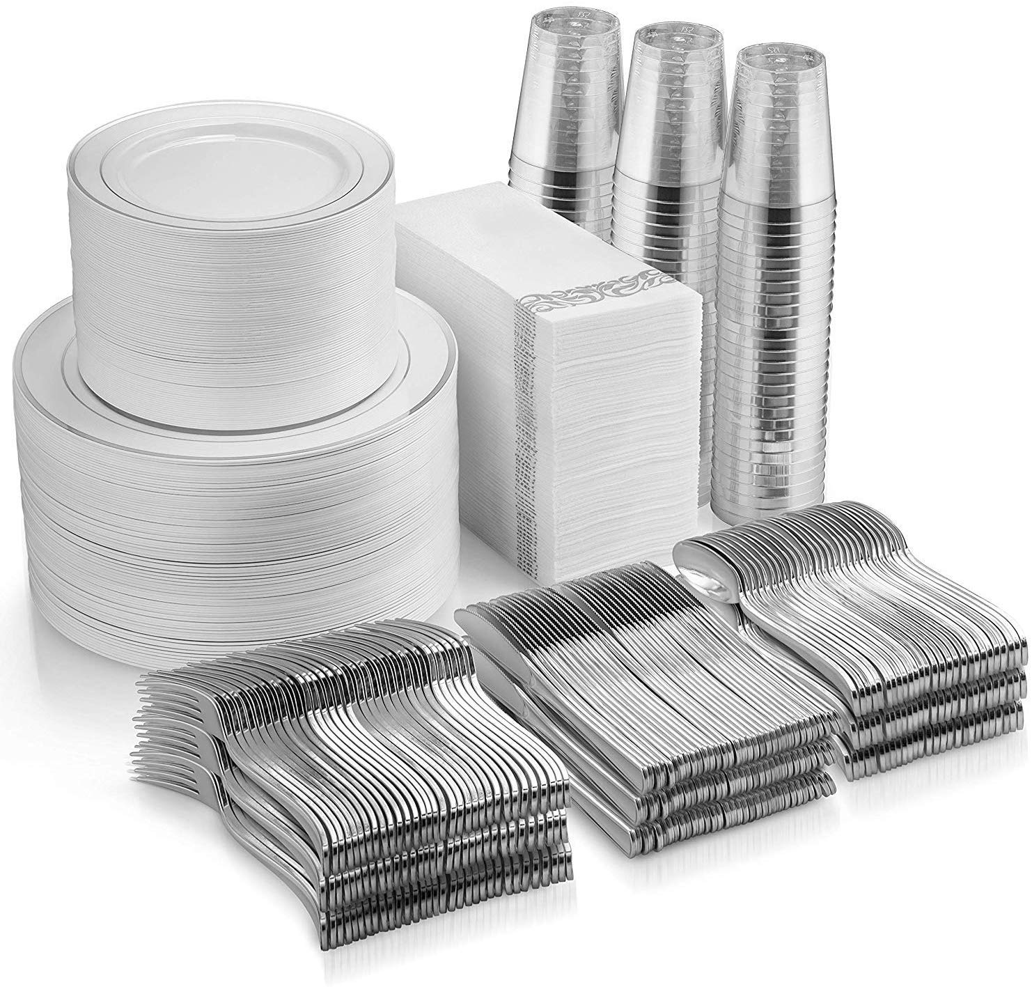 700 Piece Silver Dinnerware Set 200 Silver Rim Plastic Plates 100 Silver Plastic Silverware 700 Piece Silver Dinnerware Set 200 Silver Rim Plastic Plates 100 Silver Plastic Silverware