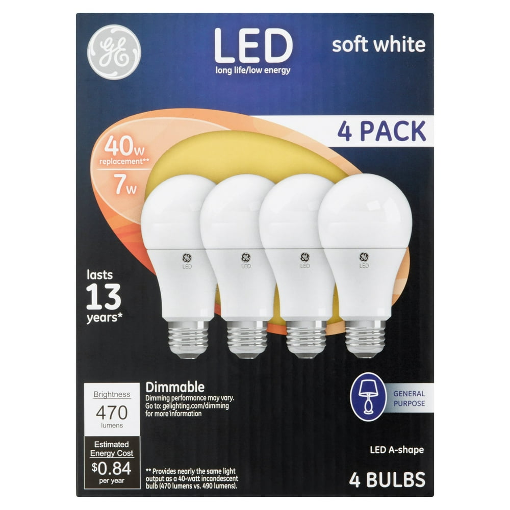 GE LED 7W 470 Lumens A-Shape Soft White Bulbs, 4 count - Walmart.com ...