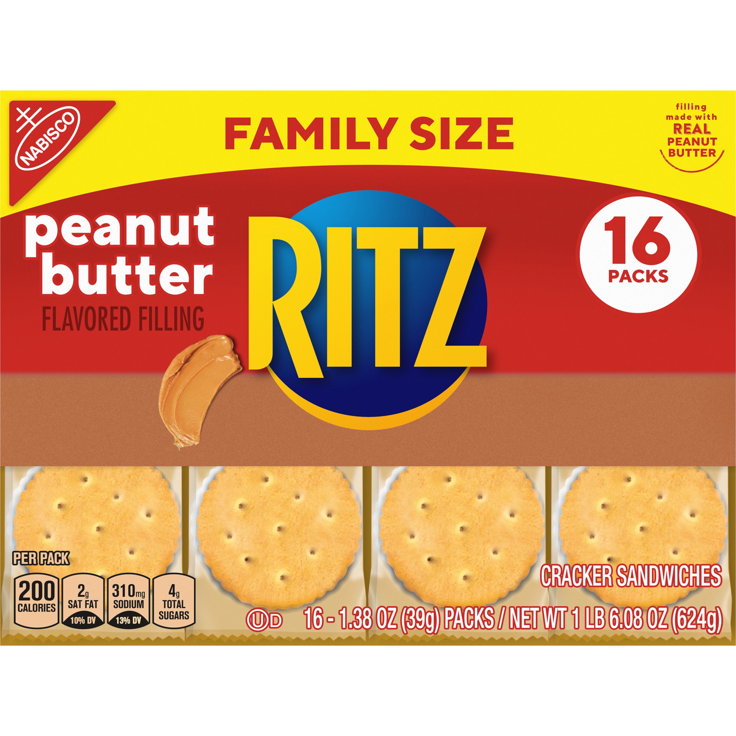 RITZ Peanut Butter Sandwich Crackers, Family Size, 16 – 1.38 oz Packs ...