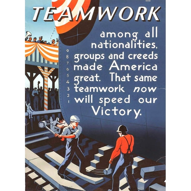WW2 propaganda Teamwork among all nationalities paper poster 14" x 20 ...