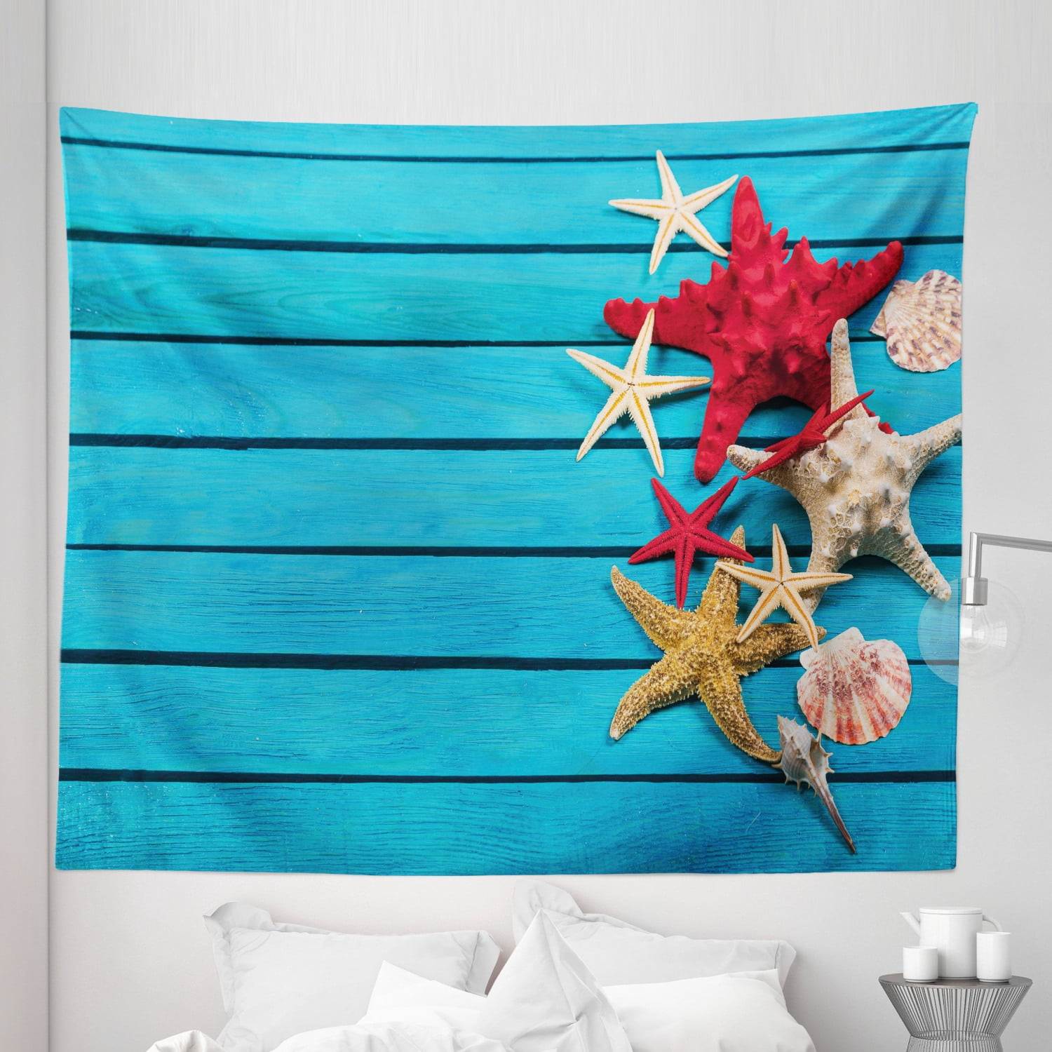 Starfish Tapestry, Different Types of Starfishes and Scallops on Blue ...