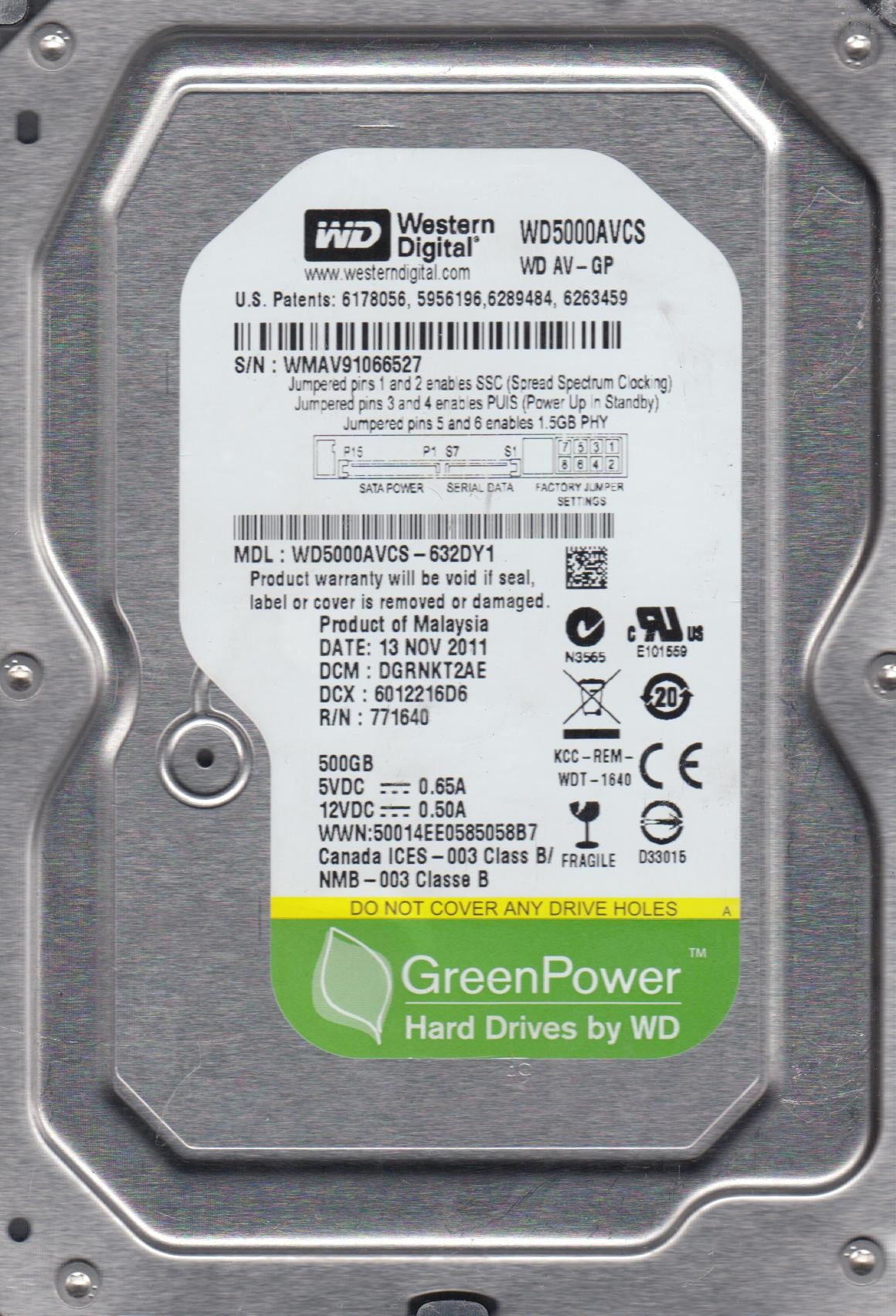 WD5000AVCS-632DY1, DCM DGRNKT2AE, Western Digital 500GB SATA 3.5 Hard ...