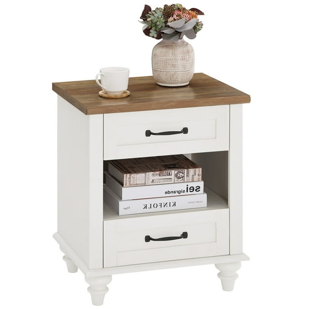 White End Table with 2 Drawer&Open Shelf,Wood Nightstand Bedside Table ...