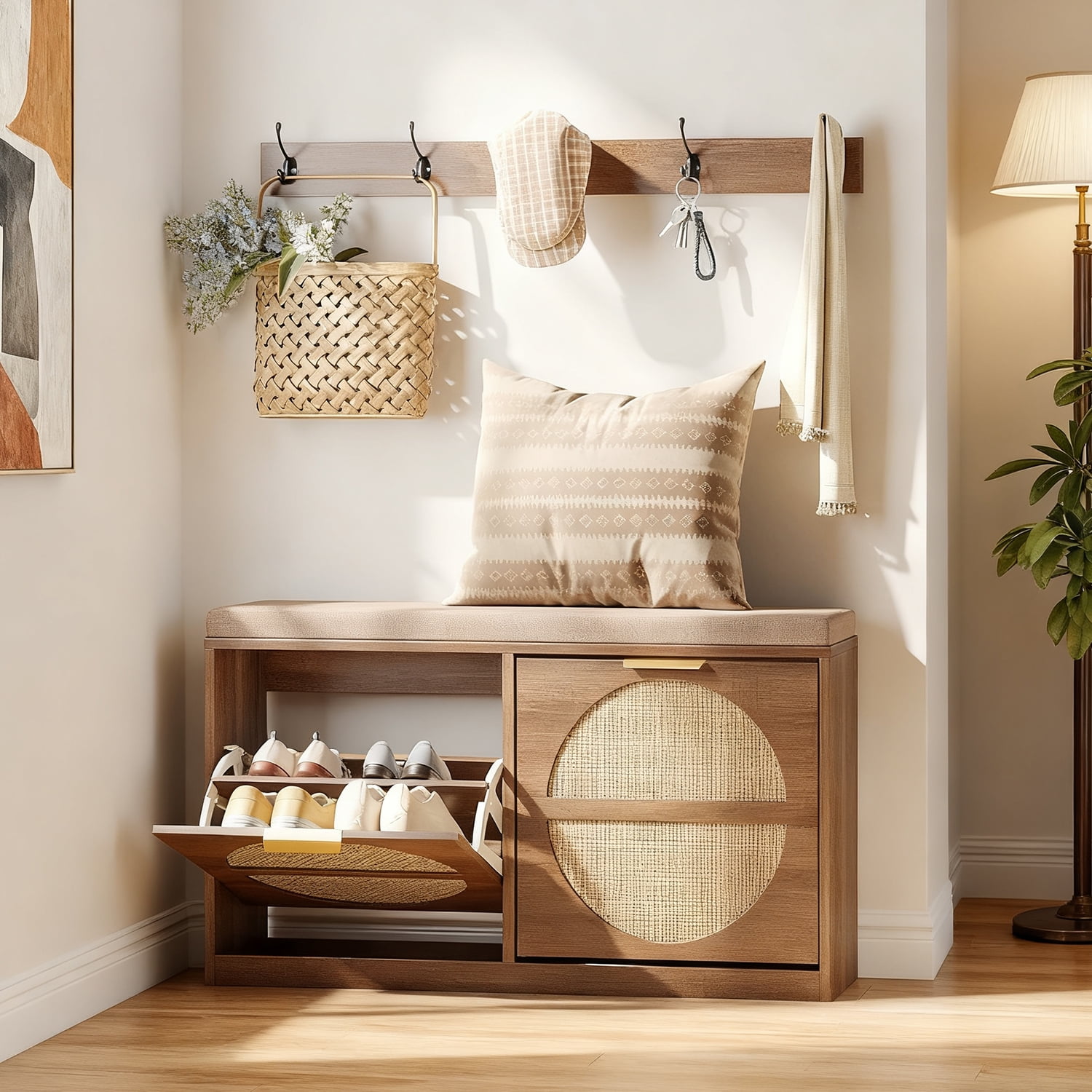 Click here for Vabches Rattan Shoe Bench With 2 Flip Drawers  Woo... prices