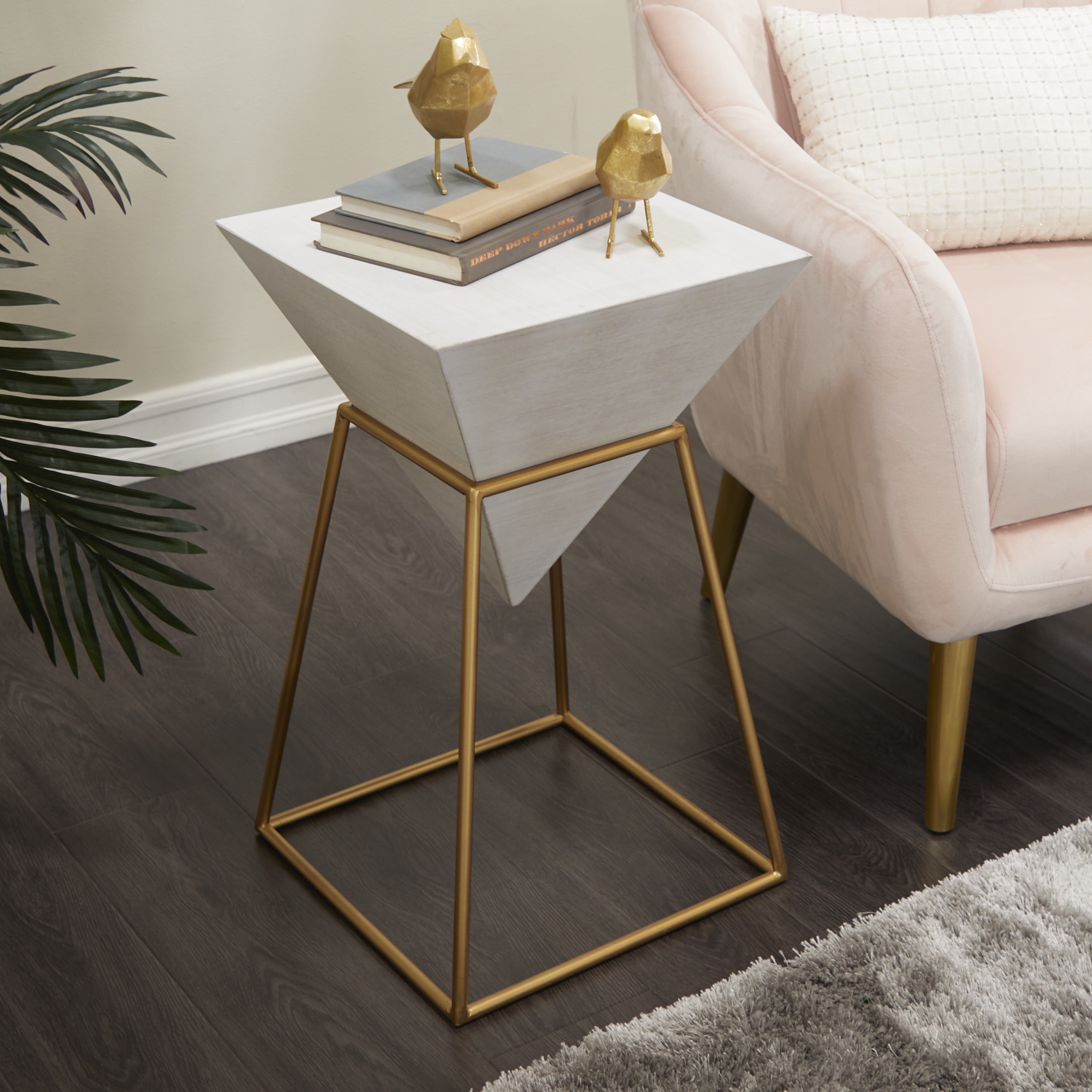 DecMode 14" x 24" White Wood Inverted Pyramid Geometric Accent Table ...
