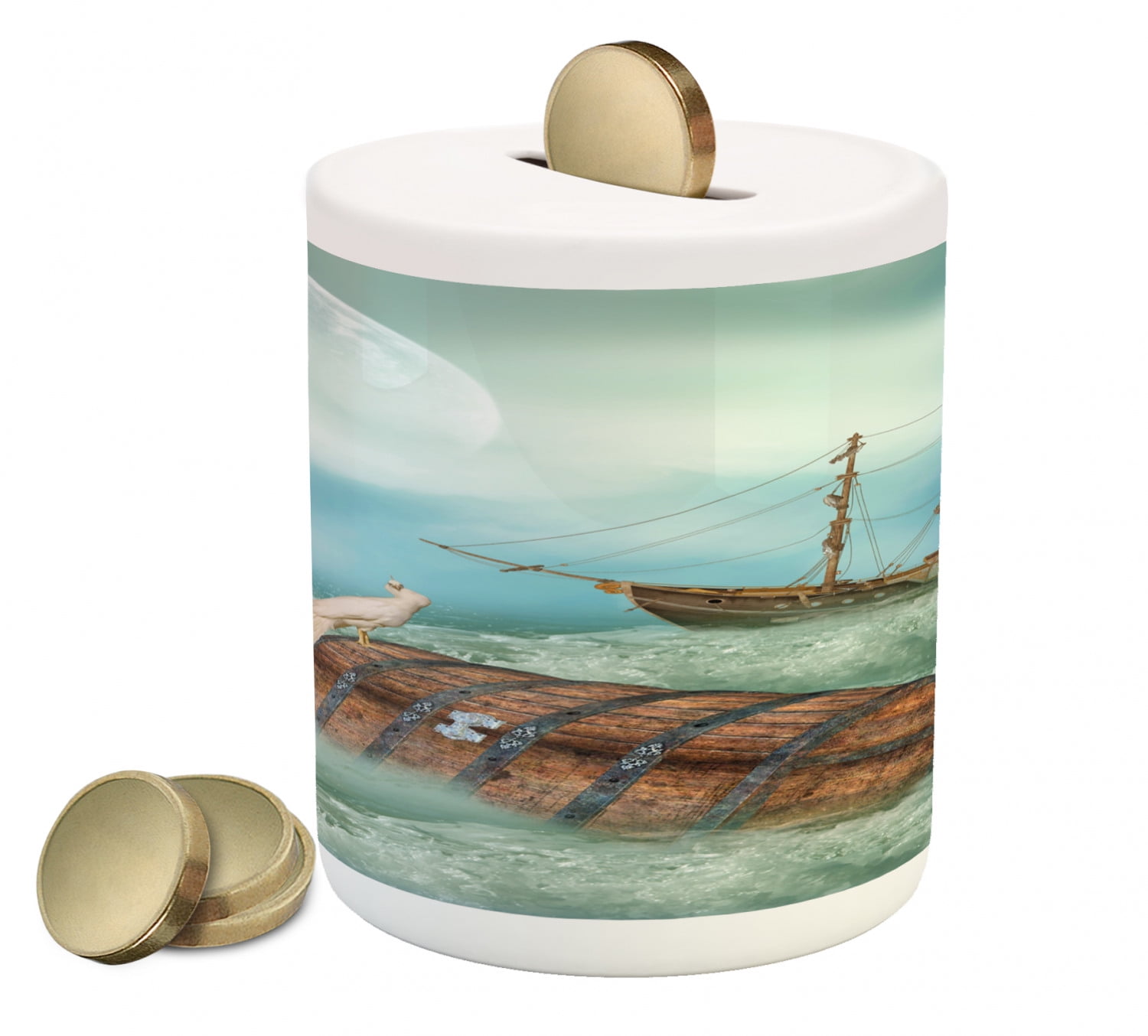 Fantasy Piggy Bank, Antique Old Trunk in Ocean Waves Magic Bird Pirate ...