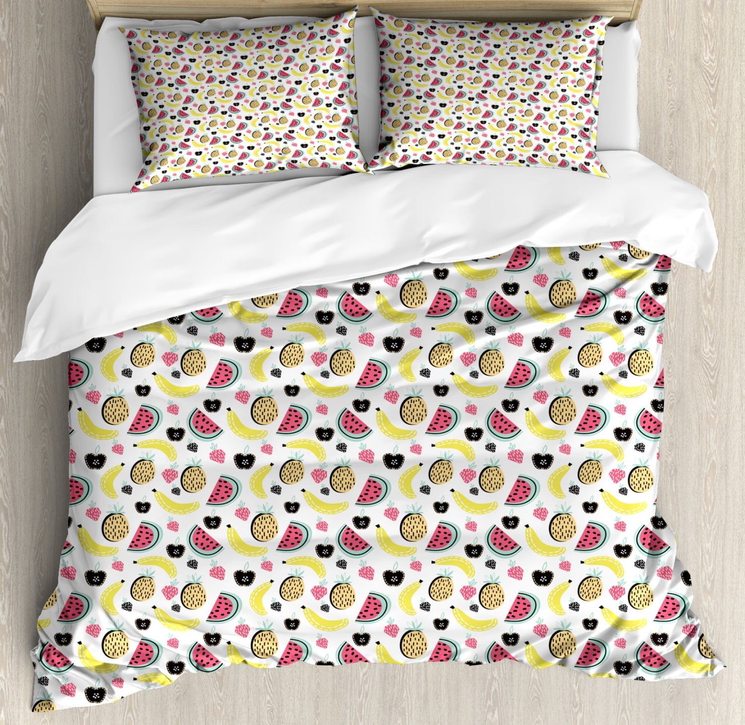 Fruit Queen Size Duvet Cover Set, Doodle Watermelon Banana Pineapple ...