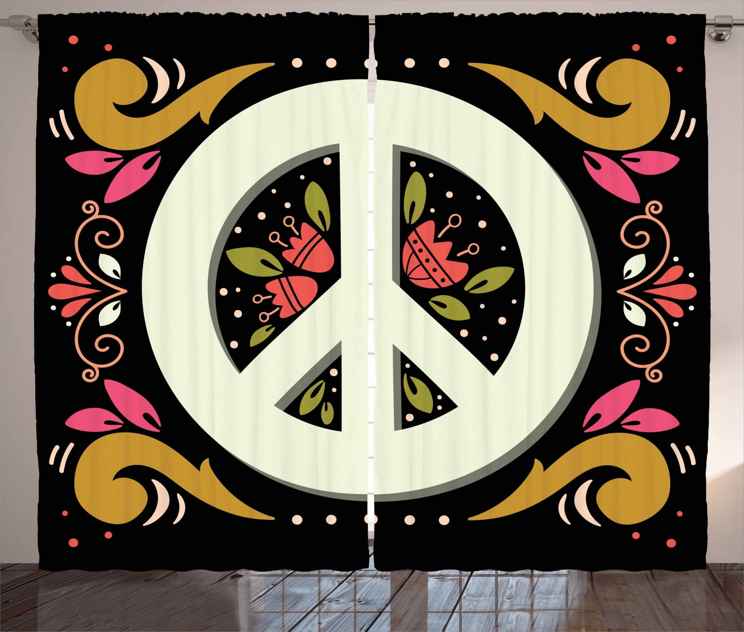Hippie Curtains 2 Panels Set, Graphic Peace Sign with Flower Shapes ...