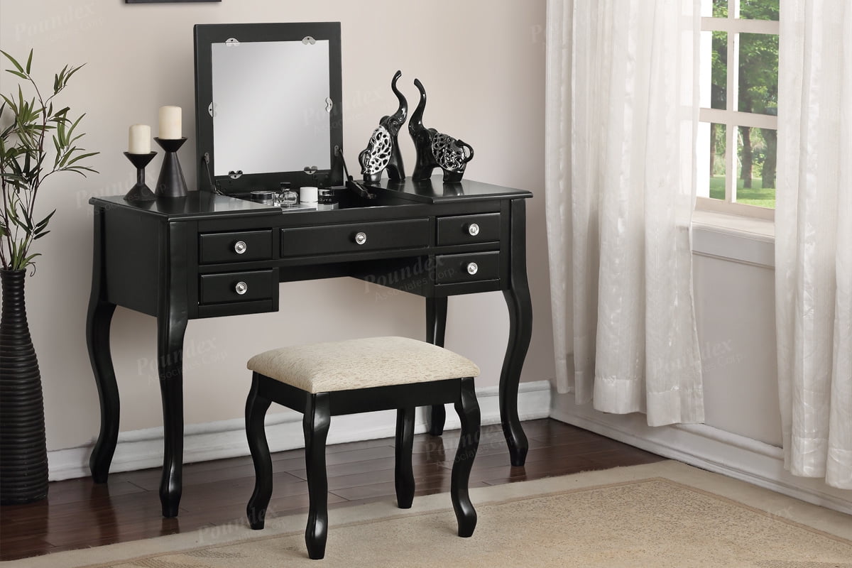 Bobkona Cailyn Flip Up Mirror vanity Set with Stool in Black - Walmart.com
