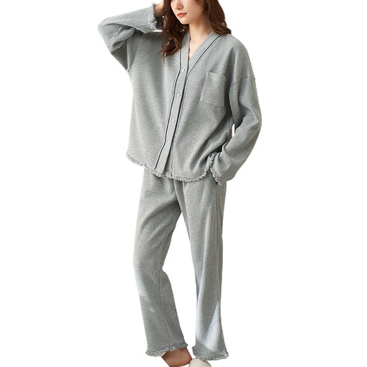 Homgro Women's Waffle Knit Pajama Set 2 Piece Button Up Long Sleeve ...