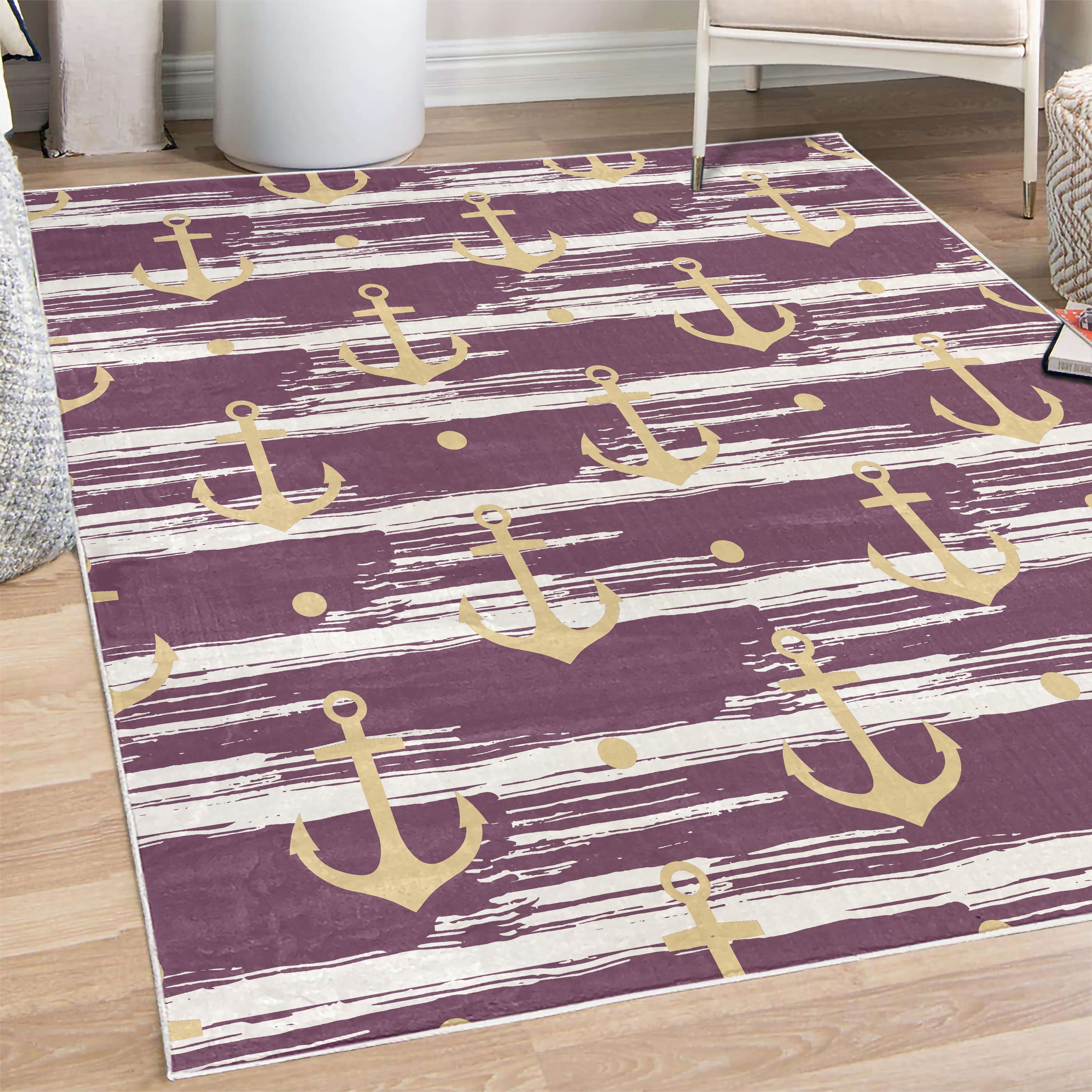 Marine Decorative Rug, Anchors and Skulls Crossed Bones Dots Pirate ...