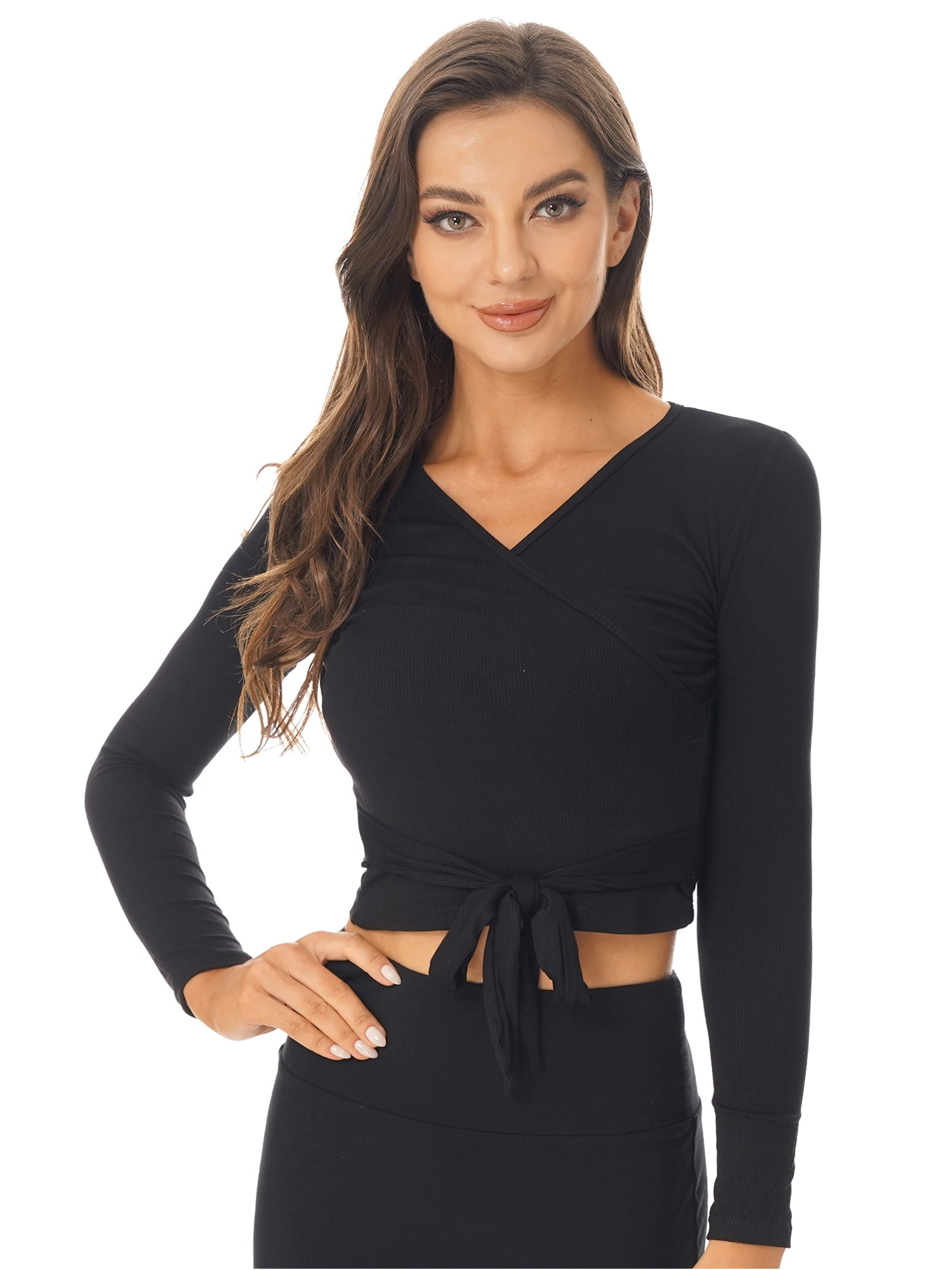 YEAHDOR Womens Solid Color Ballet Dance Wrap Tops V Neck Long Sleeve Crisscross Cardigan Black M ...