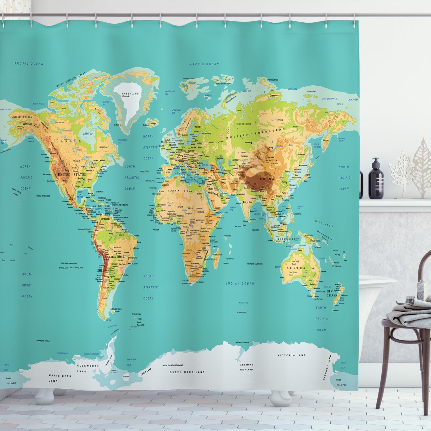 Map Shower Curtain, Map of The World Geography Continents and Countries ...