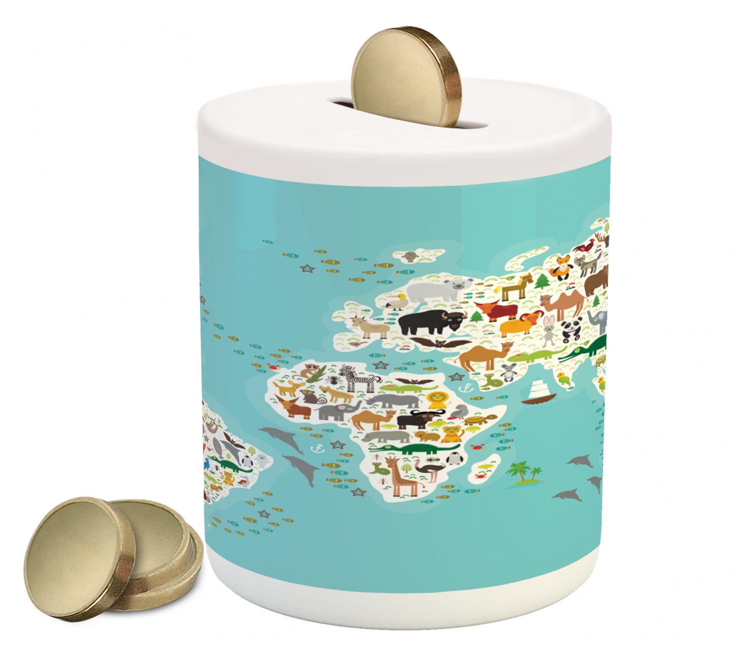Wildlife Piggy Bank, Graphic World Map Continents Islands Ocean Showing ...
