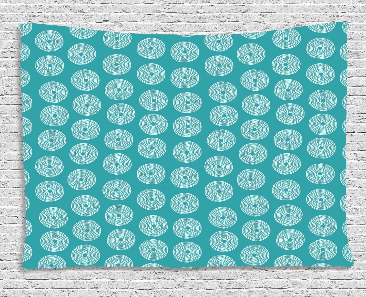 Teal and White Tapestry, Dotted Ring Shapes Hand Drawn Style Symmetric ...