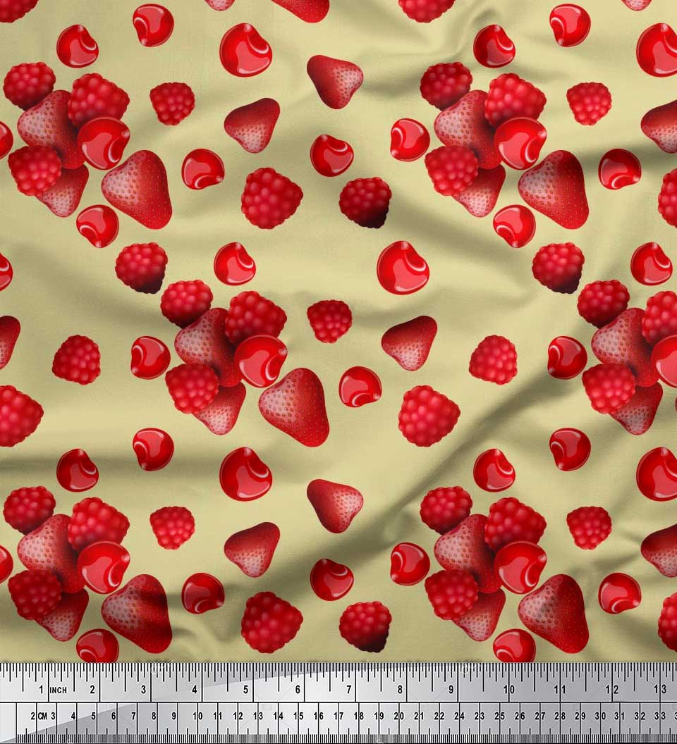 Soimoi Viscose Chiffon Fabric Raspberry,Strawberry & Cherry Fruits ...