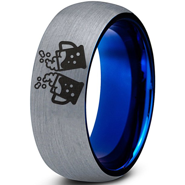 Tungsten Cheers Beer Drink Band Ring 8mm Men Women Comfort Fit Blue ...
