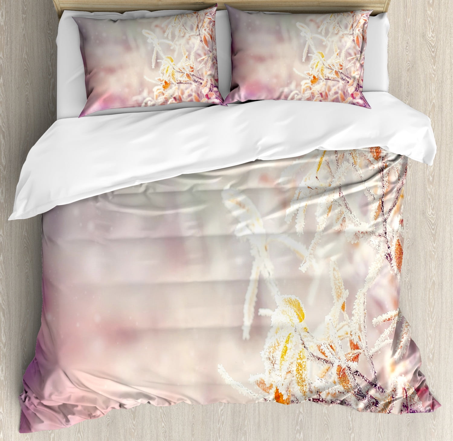 Winter Duvet Cover Set Queen Size, Snow Branches Tree Leaves Snowflakes ...