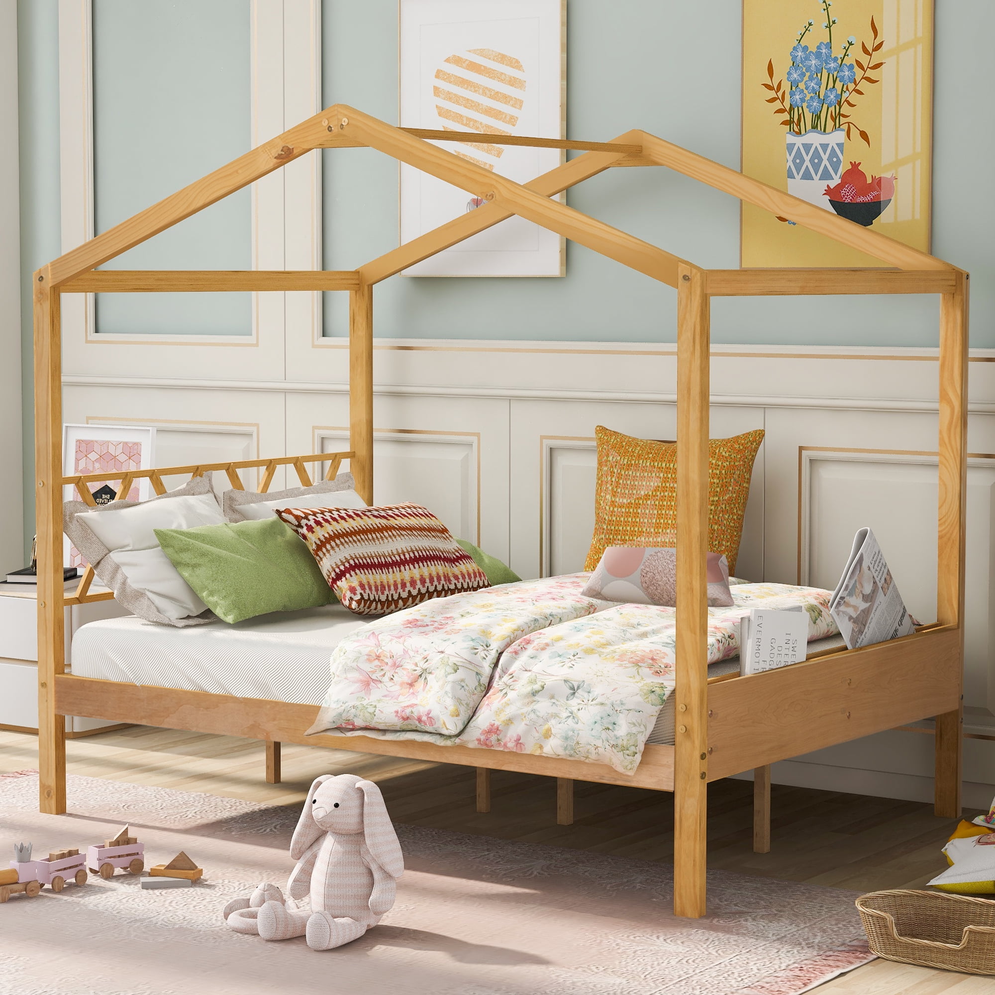 CoSoTower Full Size Wood House Bed With Storage Space, Natural ...