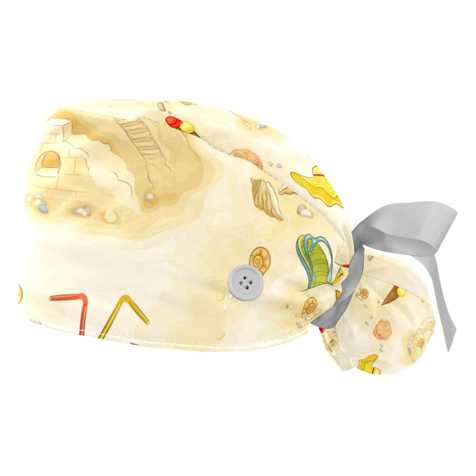 2PCS Long Hair Working Cap with Buttons and Sweatband Ribbon Tie Back ...