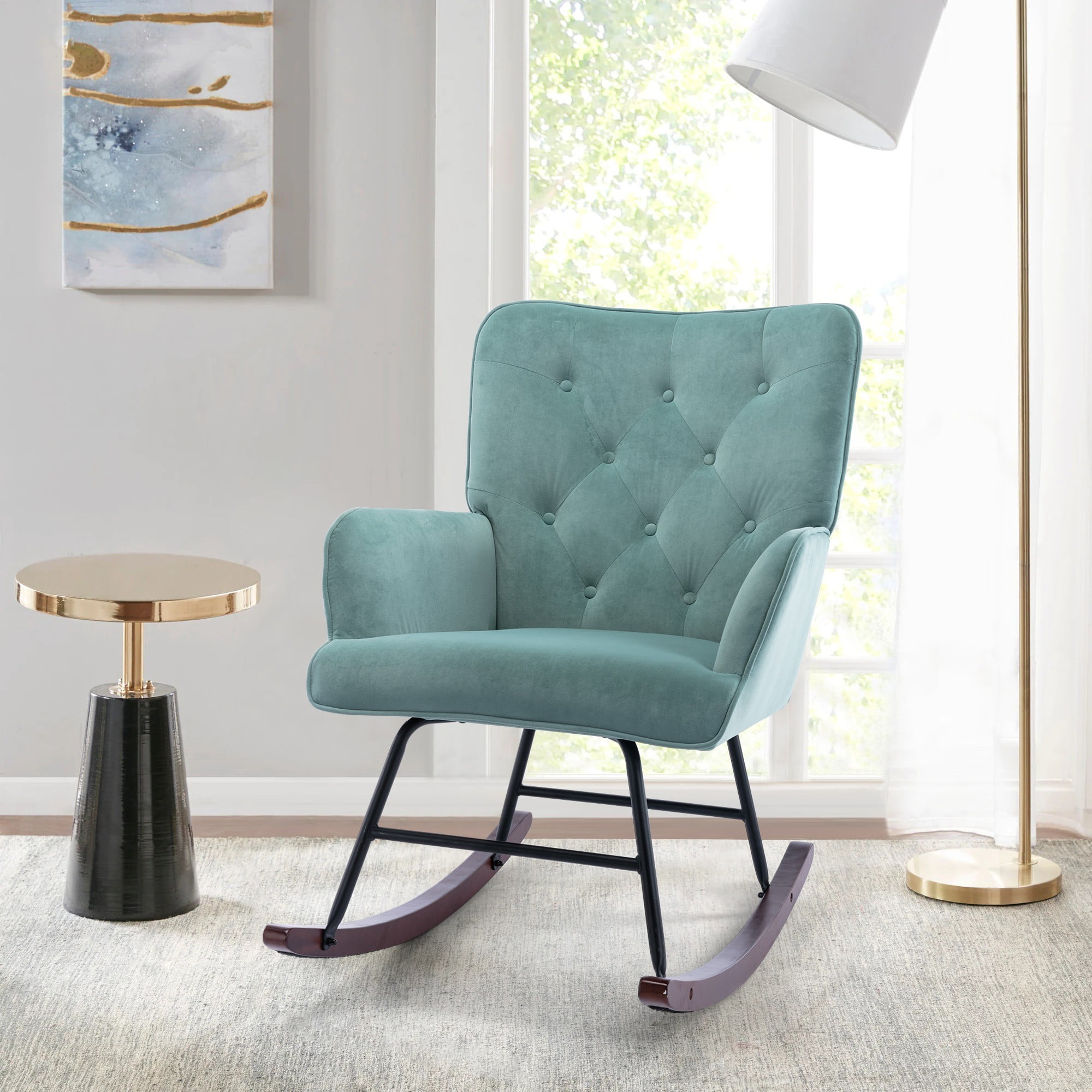 Comfortable Upholstered Velvet Rocking Chair Padded Seat with Solid ...