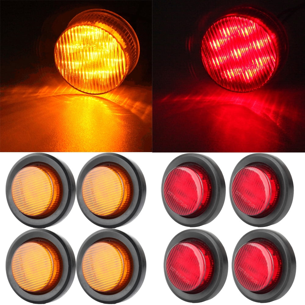 4 Amber 4 Red Led 12V Round Side Marker Light Clearance Lamp Assembly w ...