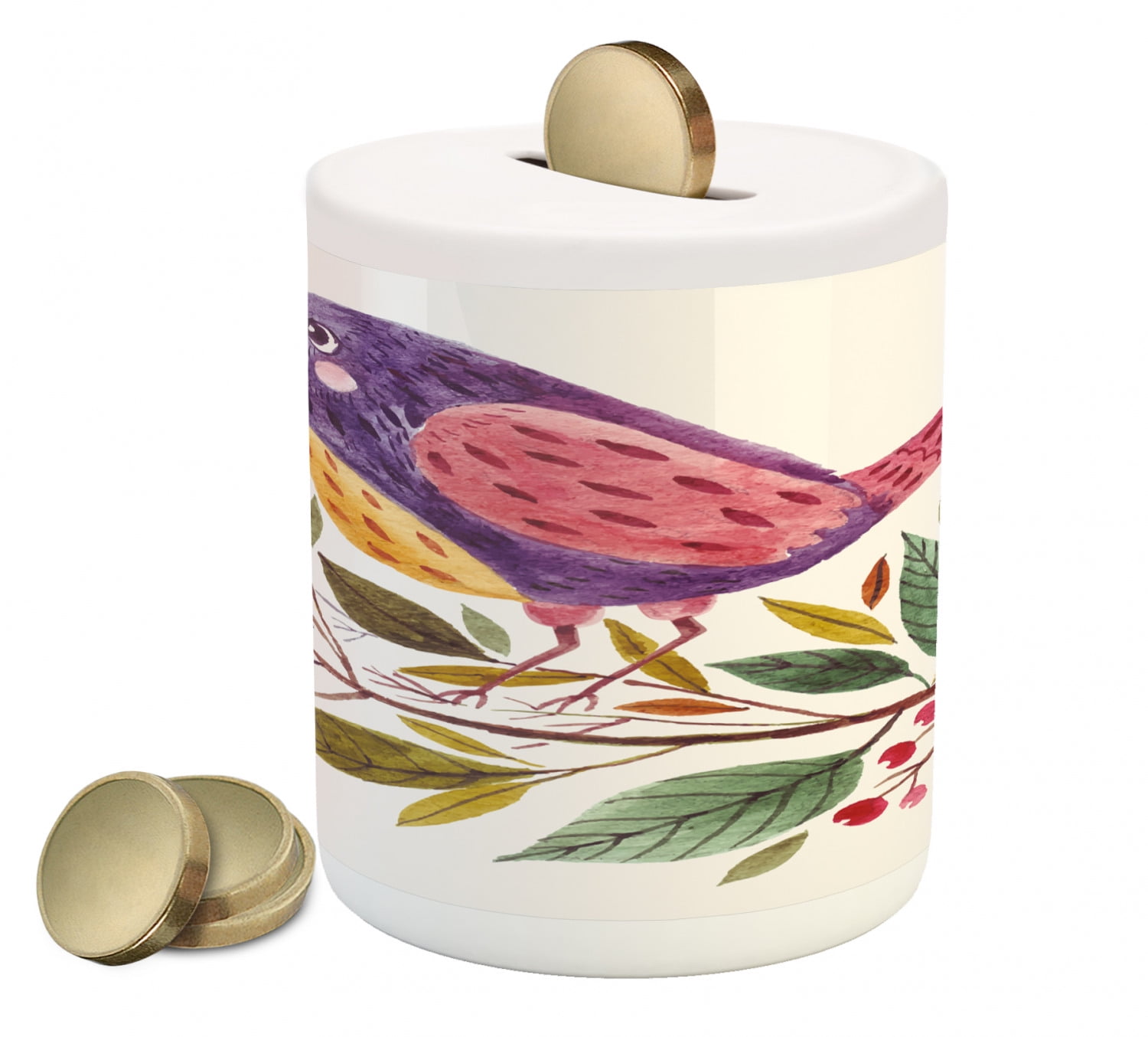 Leaf Piggy Bank, Watercolor Styled Effect a Bird Sitting on Branch ...