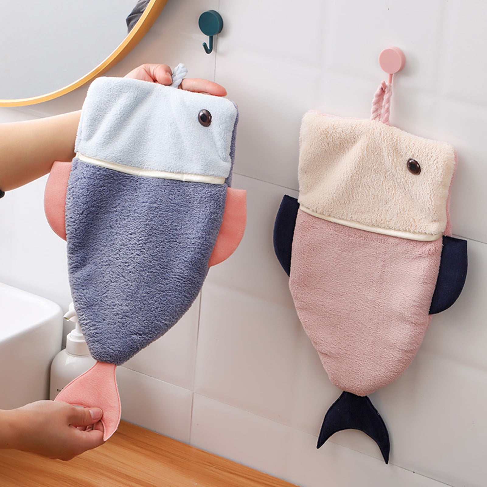 Honrane Hand Towel Thick Double Layers Coral Fleece Cartoon Fish Wash ...