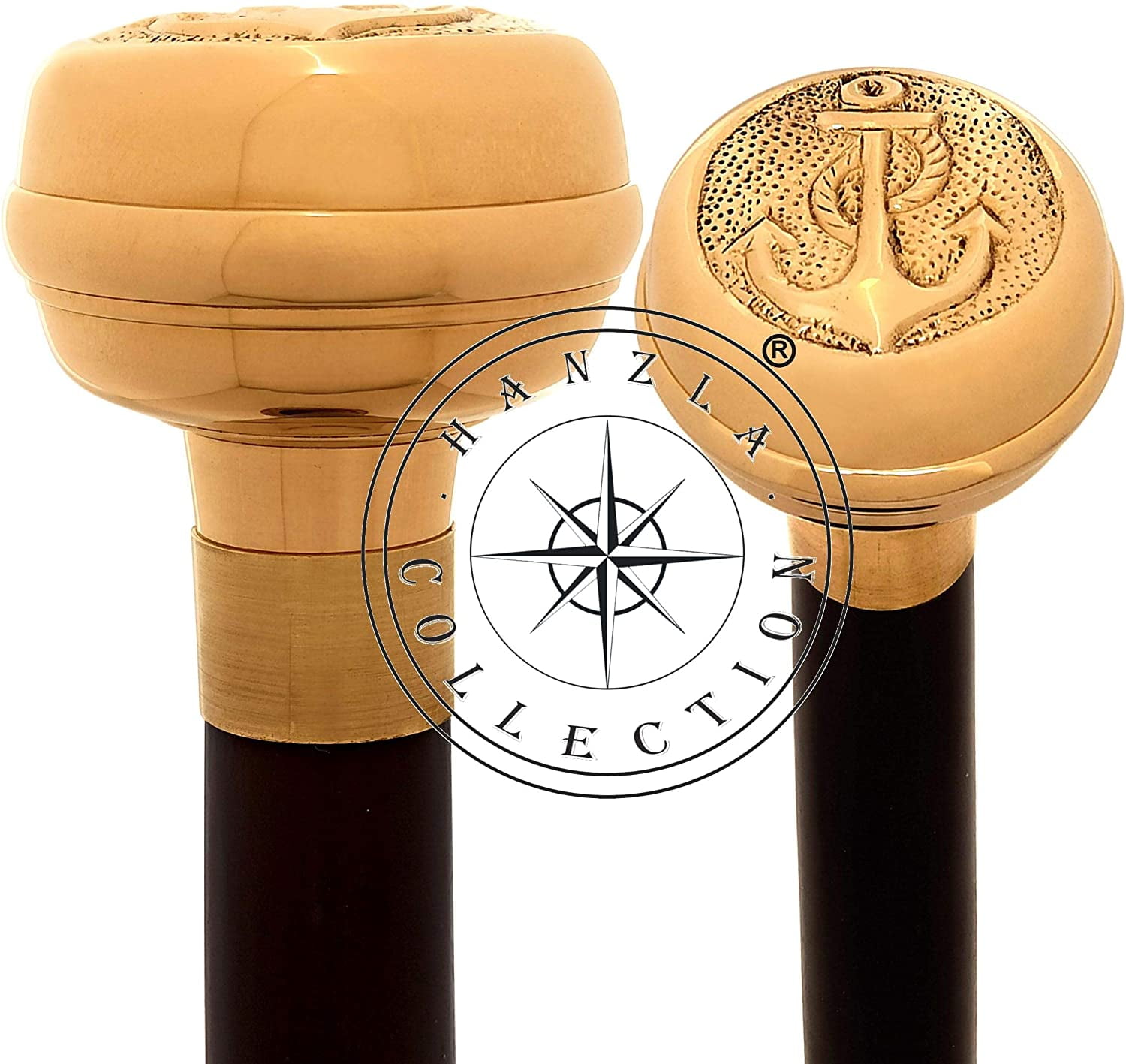 Polished Brass Anchor Knob Handle Walking Stick & Cane with Black ...