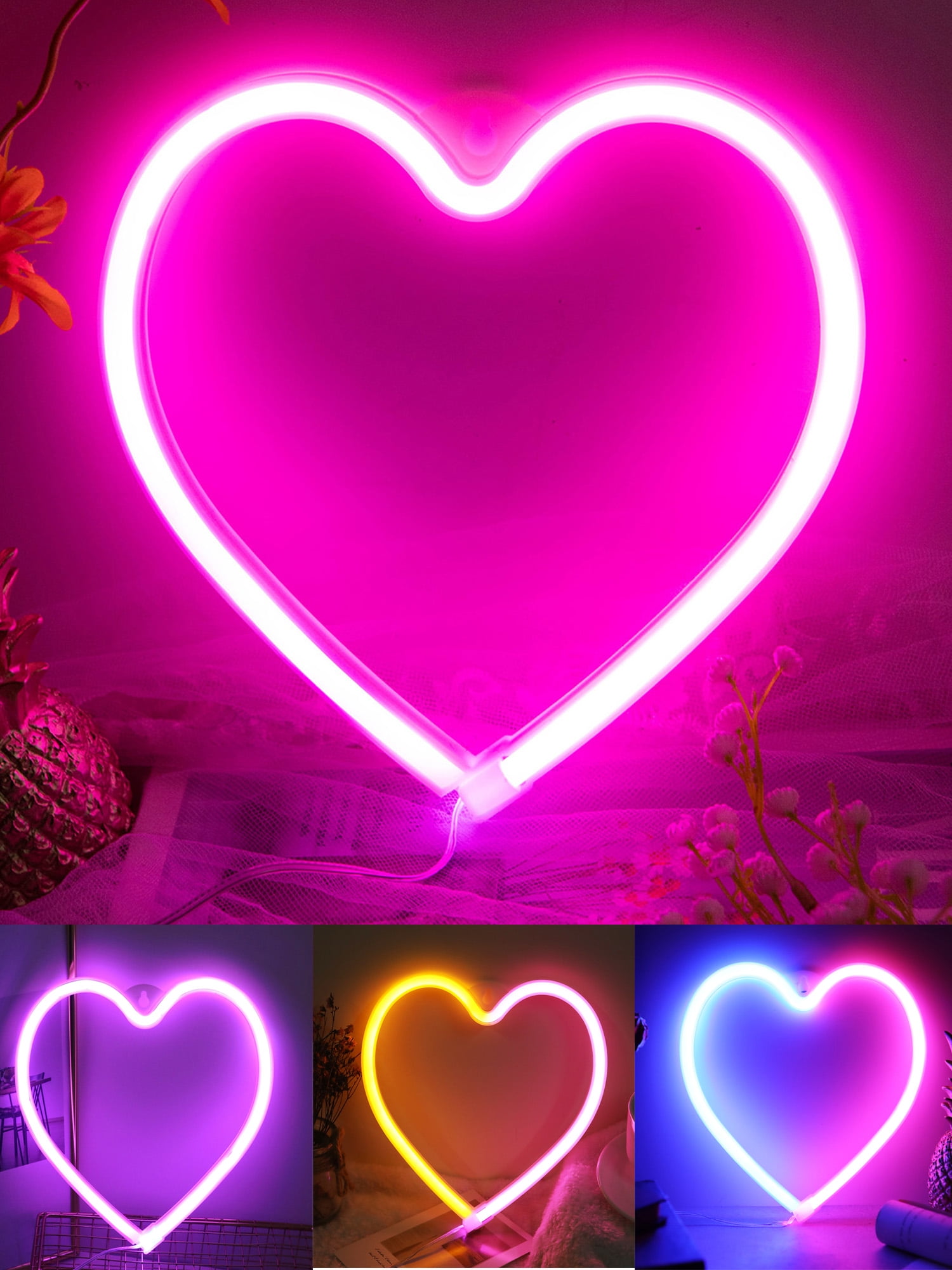 KBOOK Led Neon Lights Heart Shape Neon Sign Battery USB Powered For Valentines, Party, Wall ...