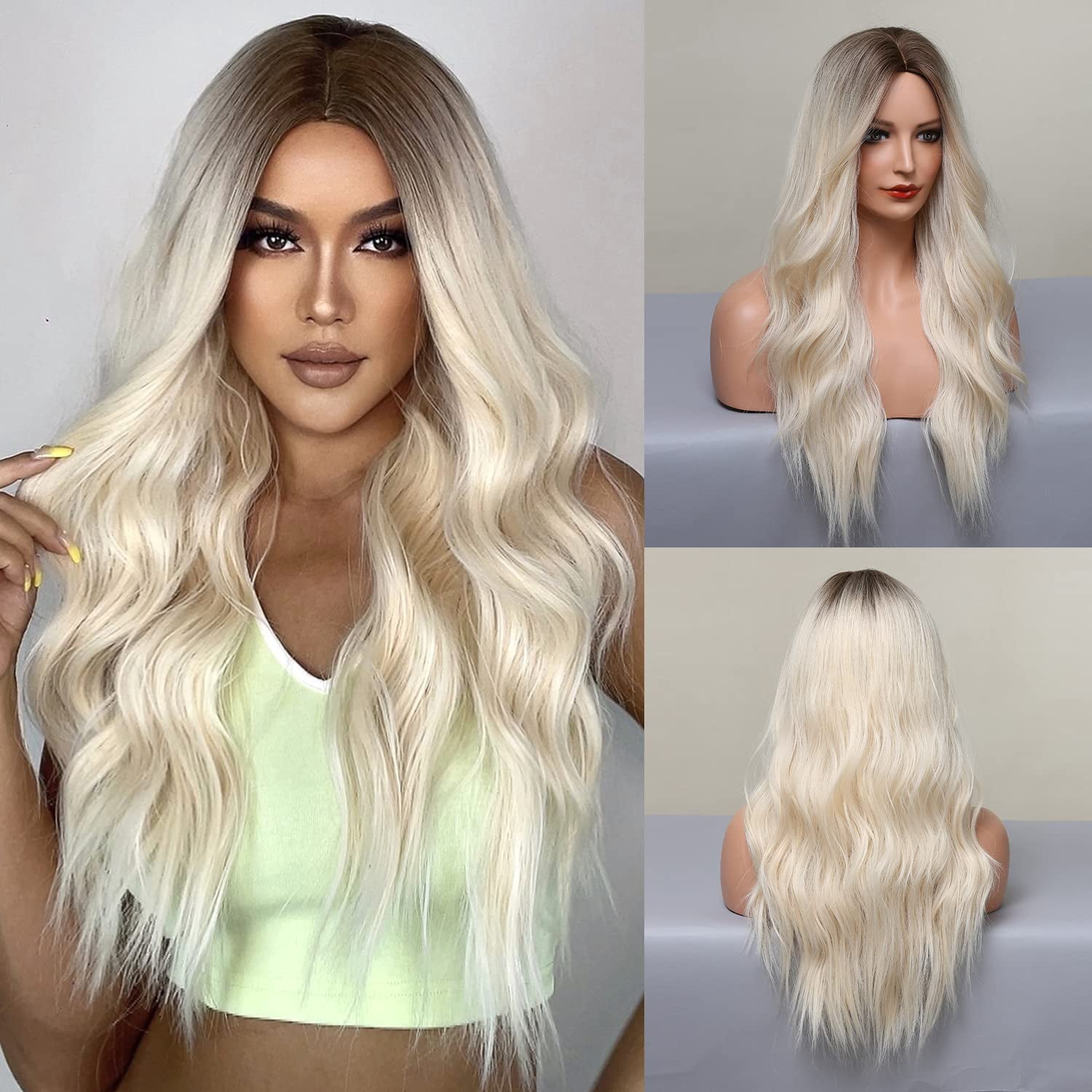 Ombre Wigs Long Wavy Wigs Middle Part NONE Lace Synthetic Wigs for ...