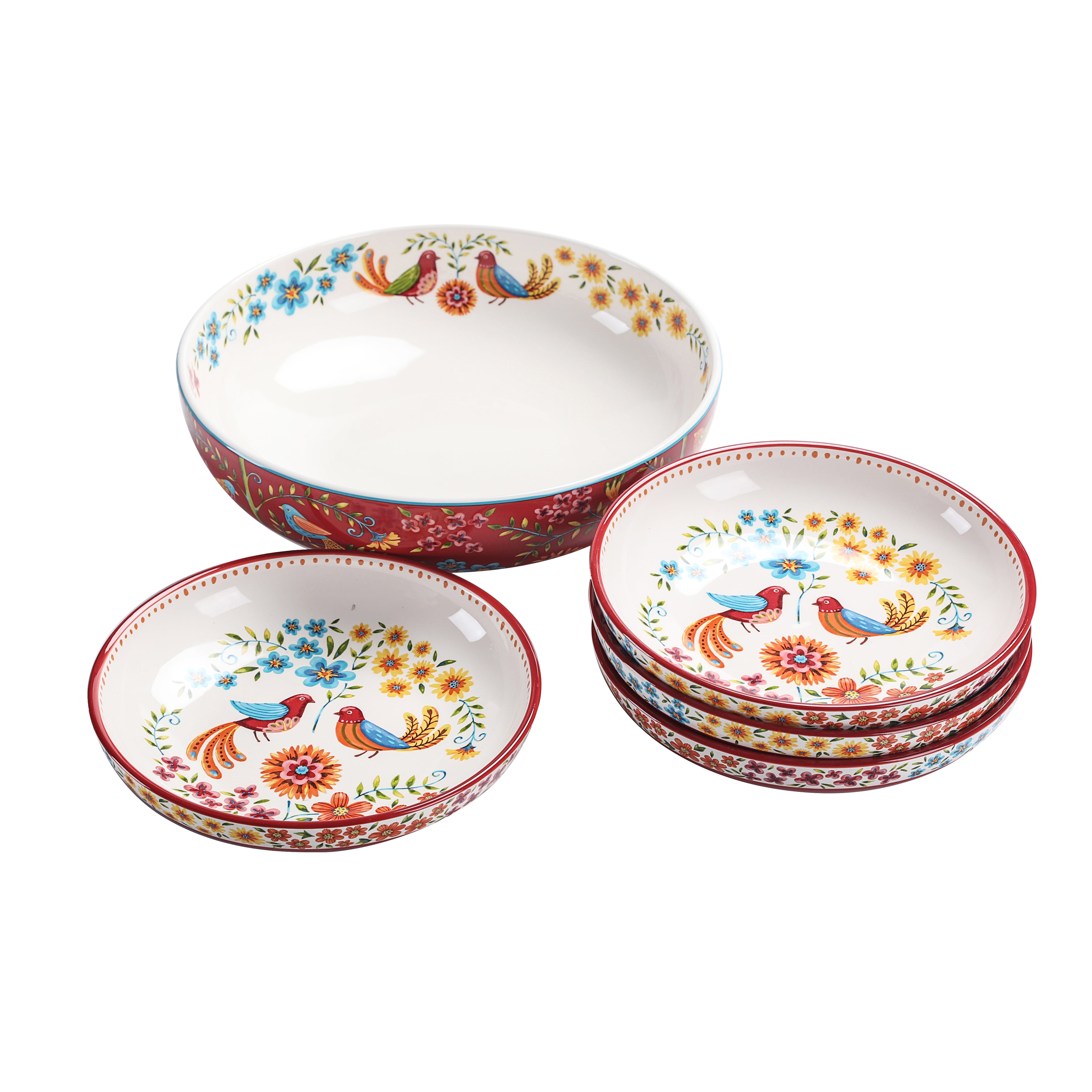 Bico Red Spring Bird Ceramic Pasta Bowl, Set of 5(1 unit 214oz, 4 units ...