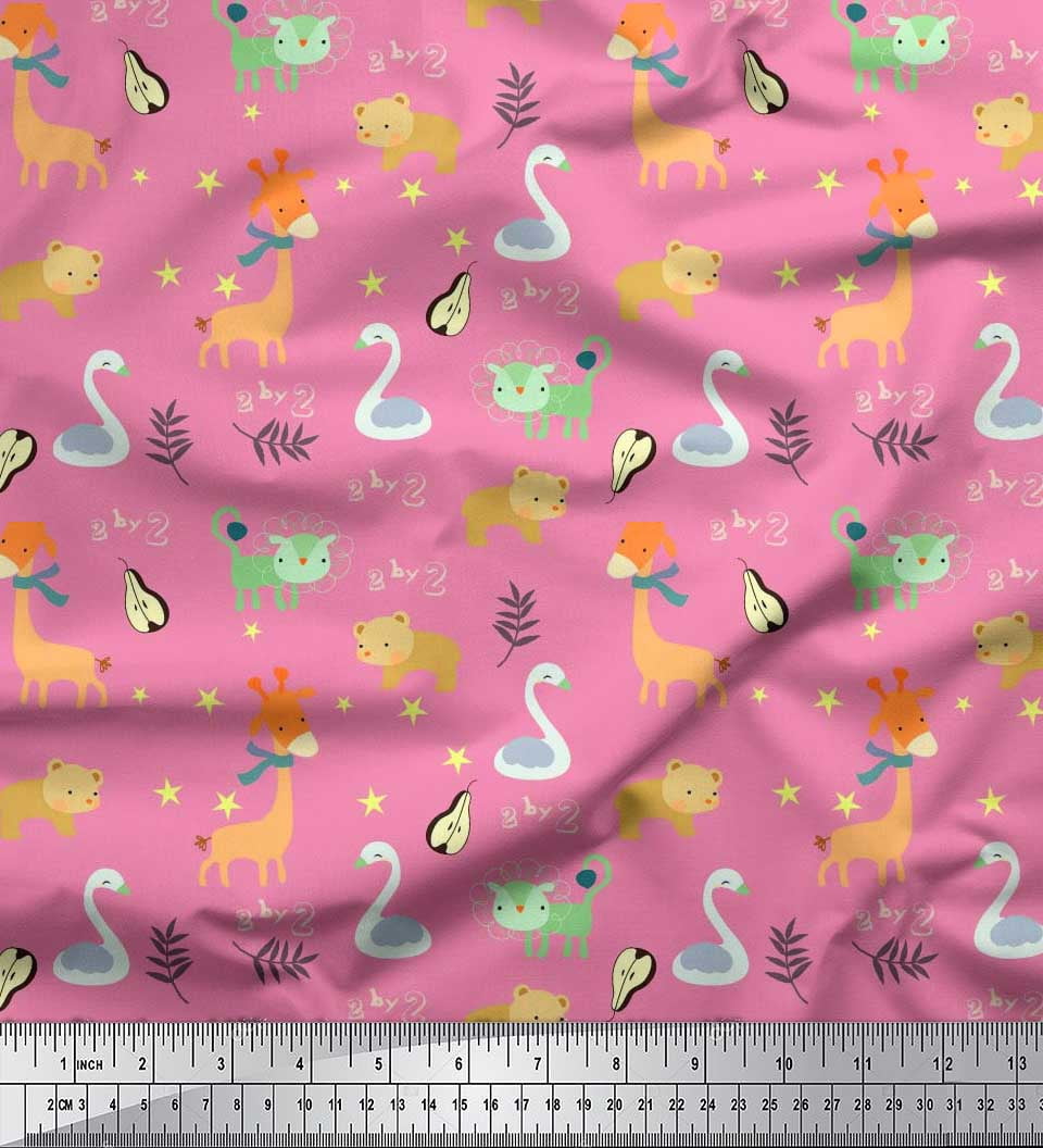 Soimoi Pink Satin Silk Fabric Leaves,Star & Cute Animals Kids Print ...