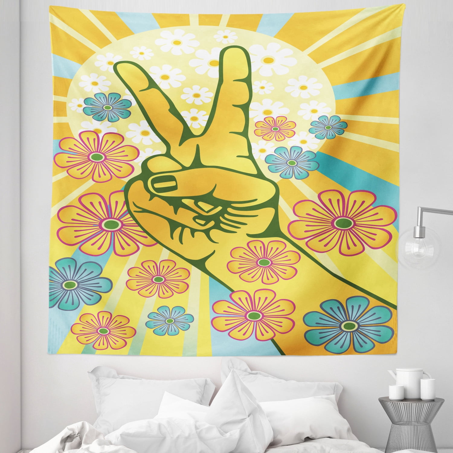 Groovy Tapestry, Hand Gesturing Peace with Flowers and Sunbeams Funky ...