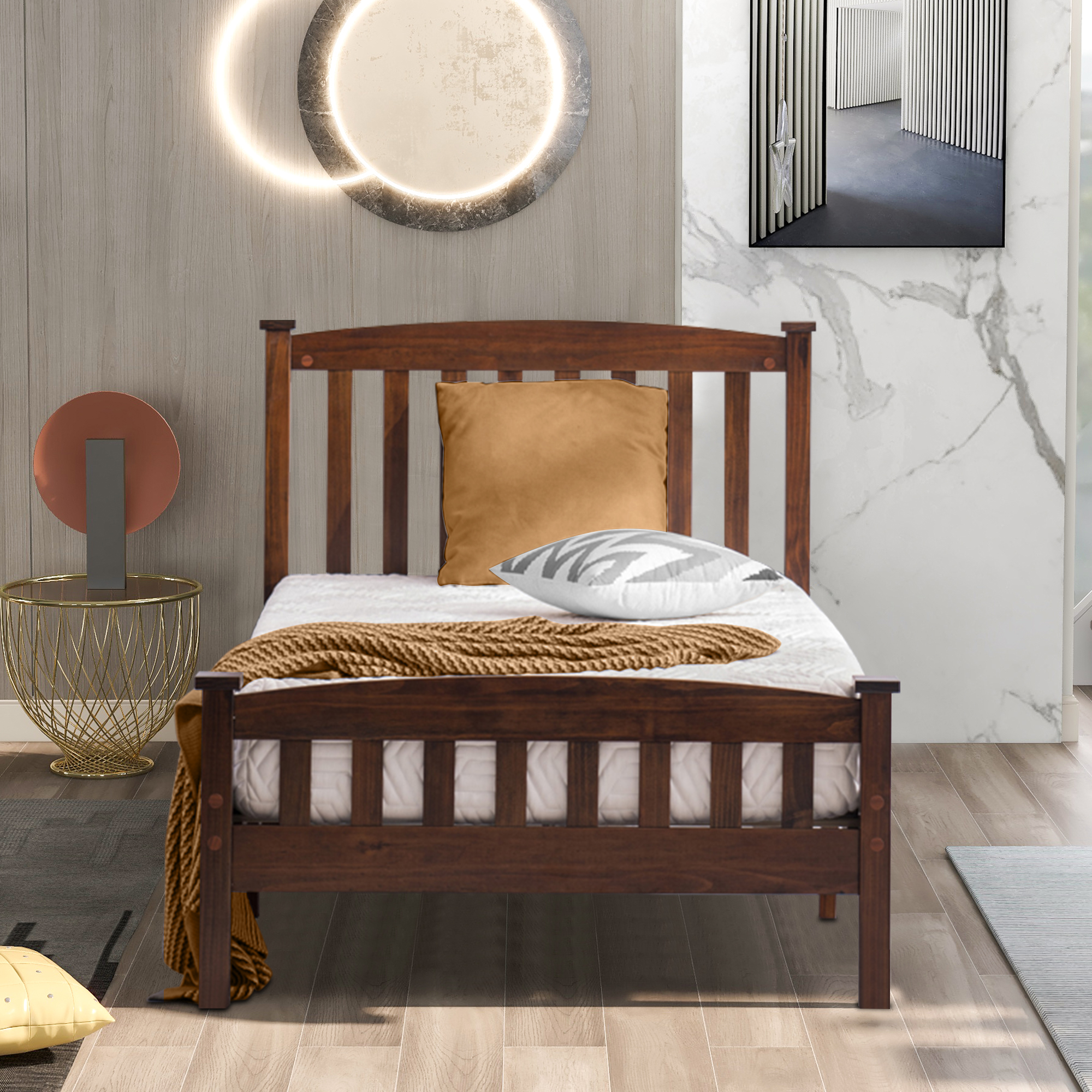 Walnut Twin Bed Frame, Twin Size Wood Platform Bed Frame with Headboard ...