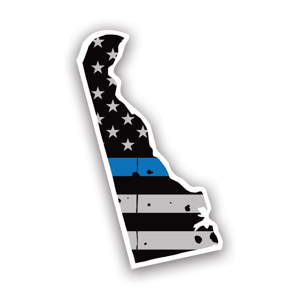 Distressed Thin Blue Line Delaware State Shaped Subdued US Flag Sticker Decal - Self Adhesive ...