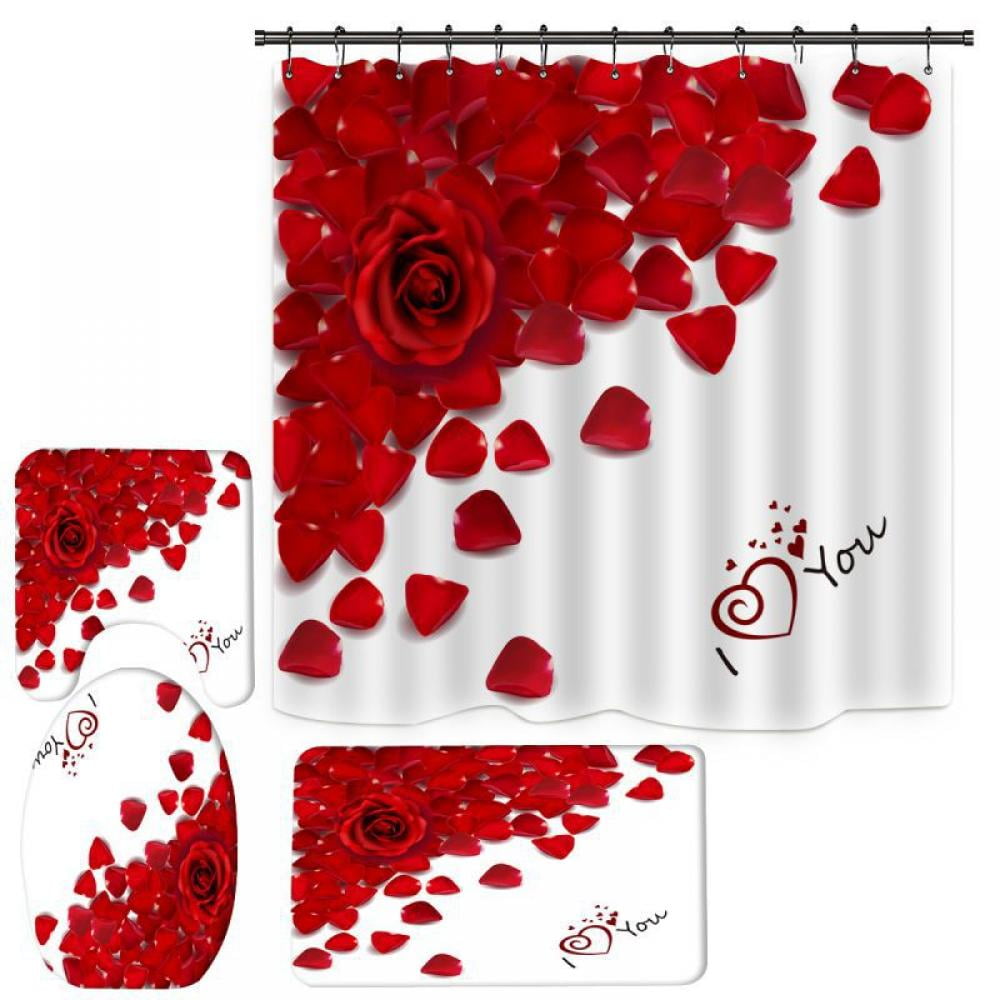4pcs Valentines Day 3d Digital Printing Shower Curtain Set With Rug