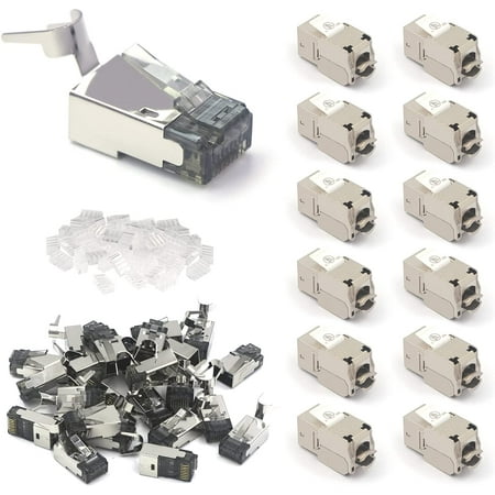 (Gen 1) 25 PCS Cat6a/Cat7 Nickel Plated Shielded RJ45 Modular Plug Bundle with 12 Pack RJ45 ...