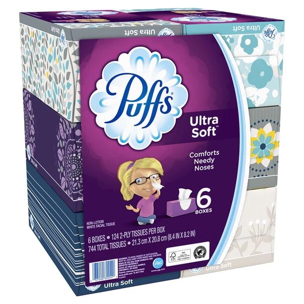 Puffs Ultra Soft Facial Tissues, 6 Family Boxes, 124 Tissues Per Box ...
