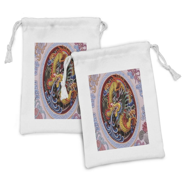 Dragon Fabric Pouch Set of 2, Chinese Horns Mane and Claws Flower ...