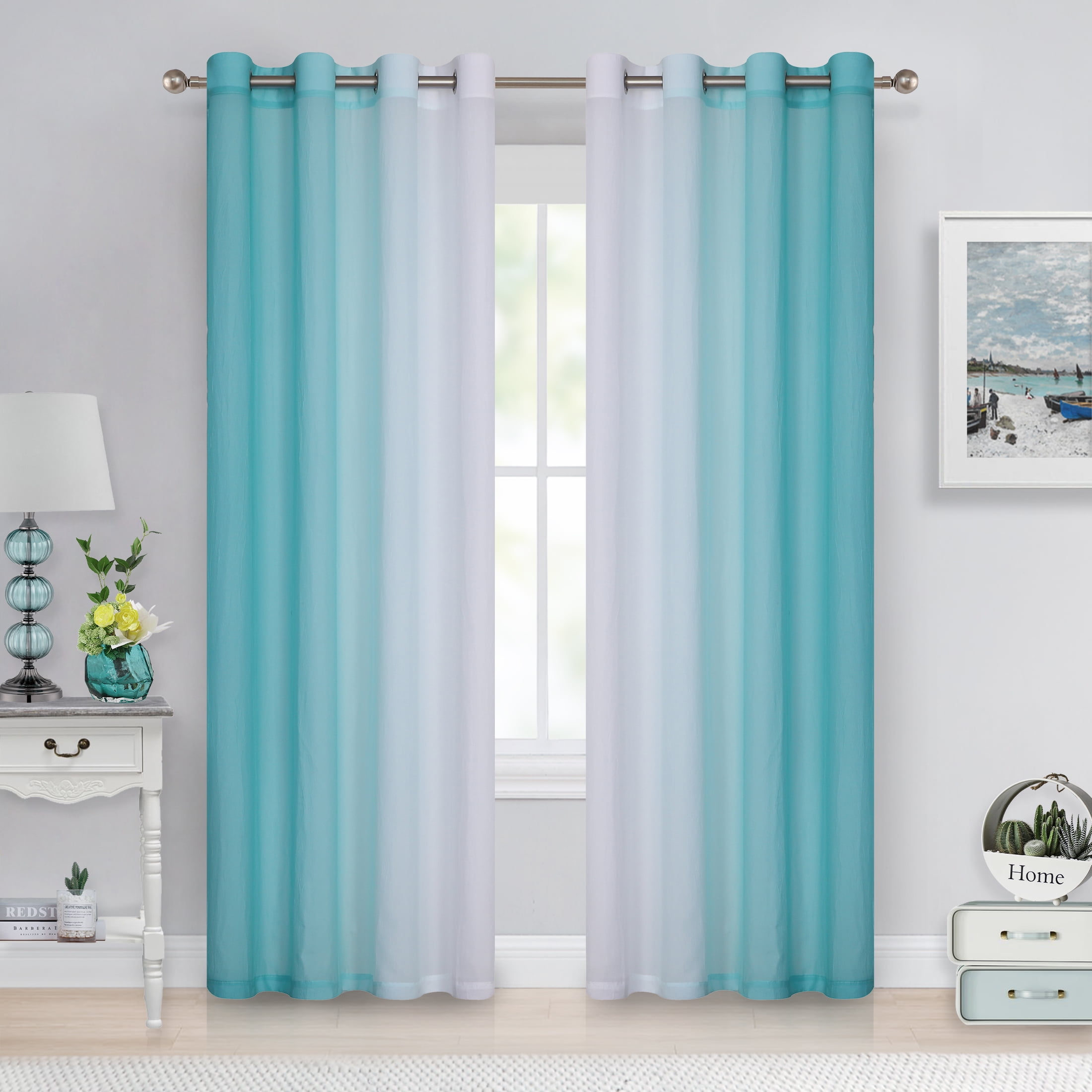 Junvictex Ombre Chiffon Sheer Curtains Teal 52" Wx95"L Crushed Crinkle ...