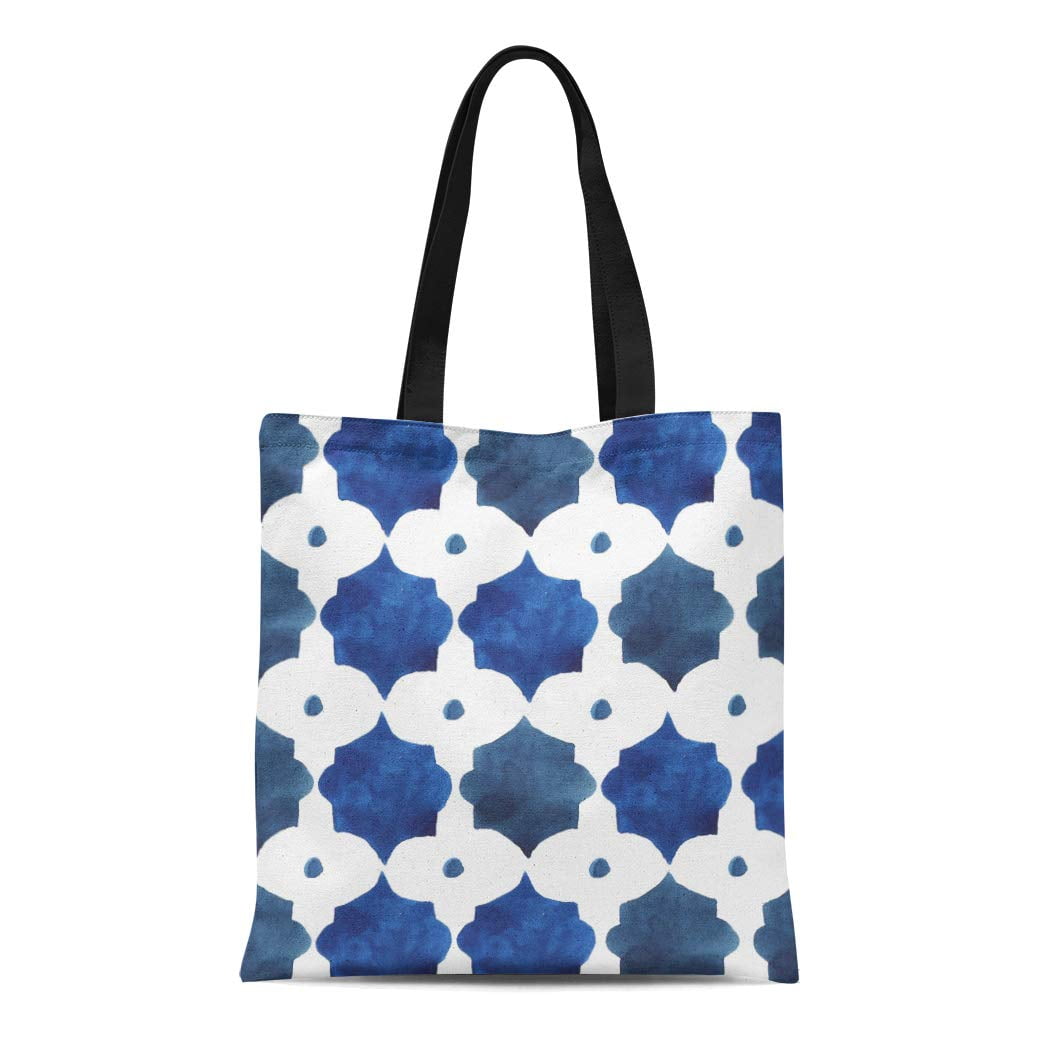SIDONKU Canvas Tote Bag Blue Pattern Watercolor Moroccan Abstract Brush ...