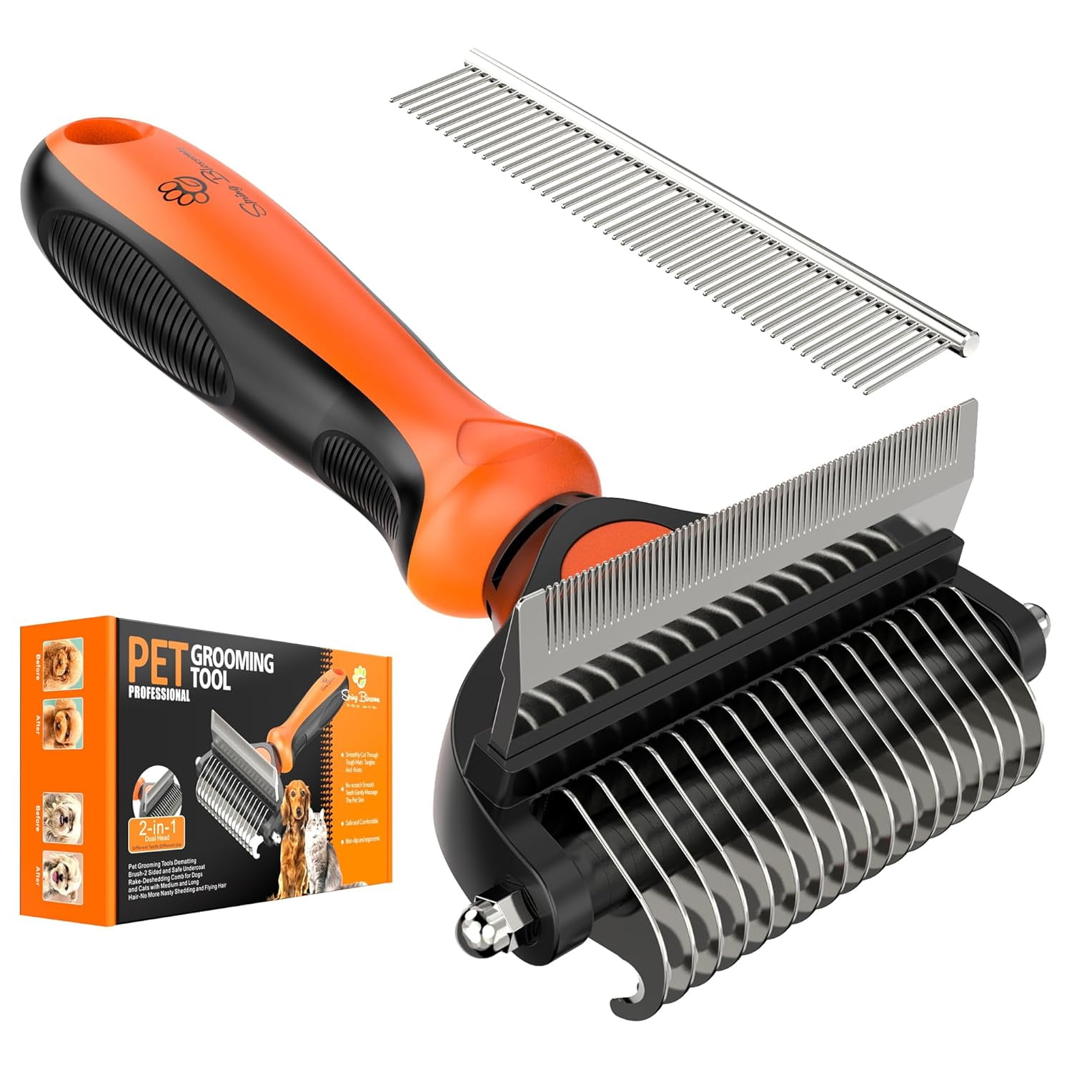 Spring Blossoms 2 In 1 Professional Grooming Rake For Cats & Dogs-Dematting Comb For Easy Mats & Tangles Removing hair Removal Cleaner For Pets(Orange